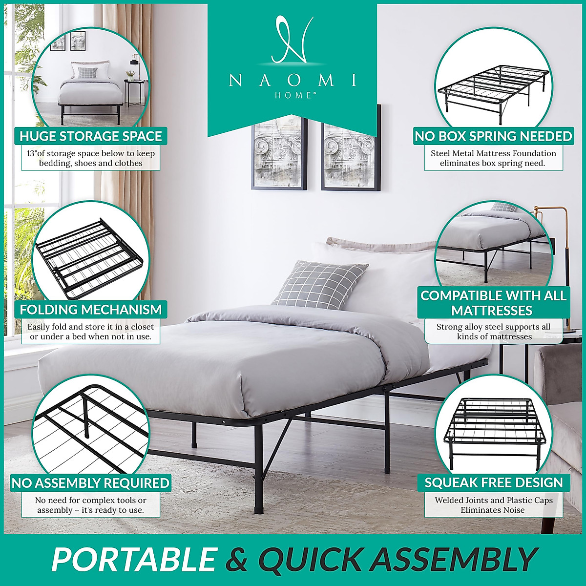IdealBase 14" Twin Bed Frame Heavy Duty Foldable Bed Frame Folding Bed Frame with Steel Metal Slats Mattress Foundation Box Spring Replacement 600lbs Capacity Platform Bed Twin Bed Frame Size, Black