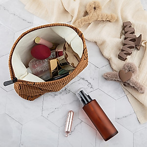 GUTGNK Makeup bag for Women, Corduroy Cosmetic Bag Aesthetic Design Ladies Tote Bag,Cute Smiley Face Makeup Organizer with Zipper - Brown