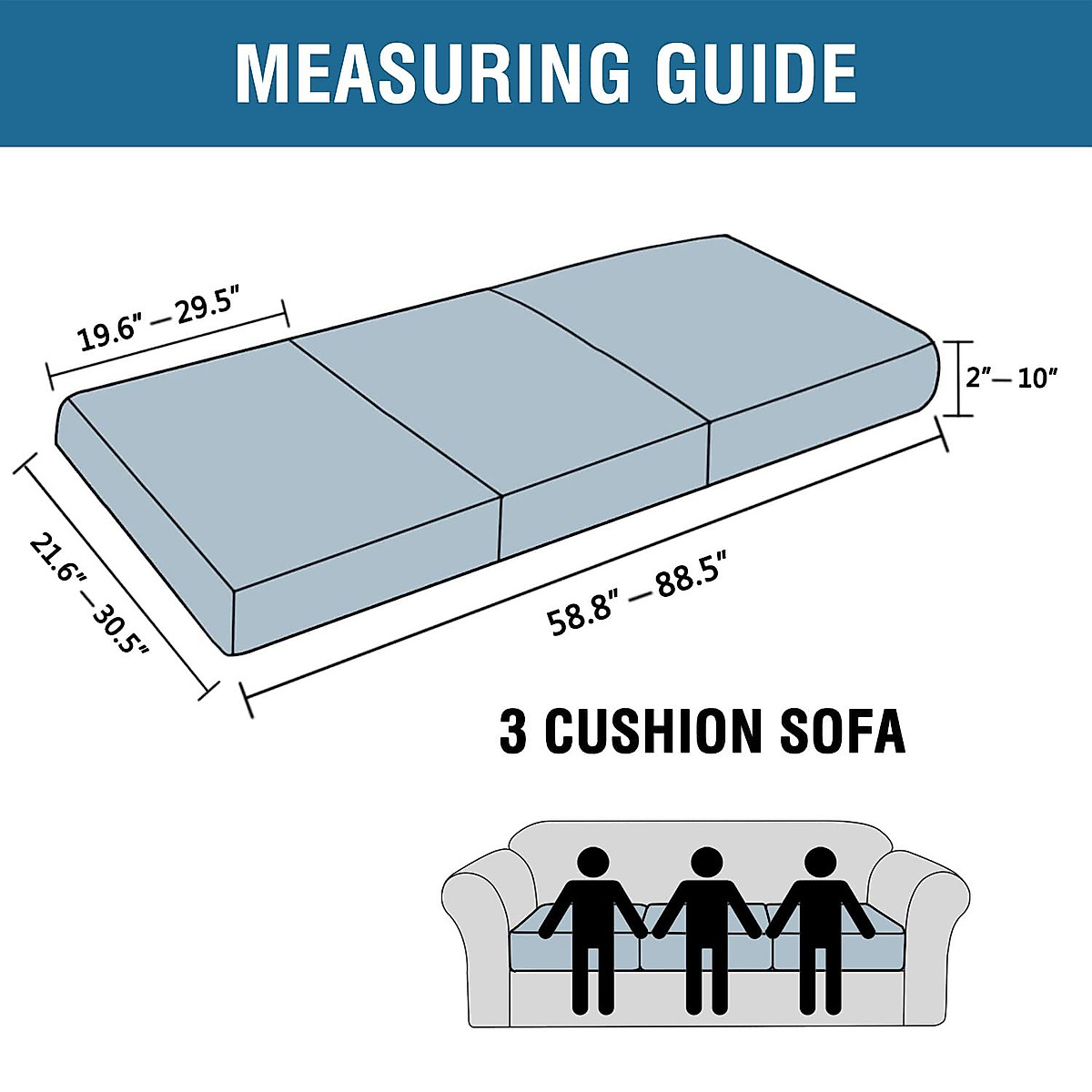 H.VERSAILTEX Super Stretch Individual Seat Cushion Covers Sofa Couch Slipcover Sets Thick Jacquard Textured Twill Fabric (3 Piece Covers, Black)