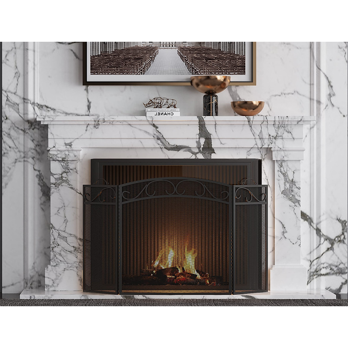 Fire Beauty Fireplace Screen 3 Panel with Handles Wrought Iron 51"(L) x31(H) Spark Guard Cover(Black)