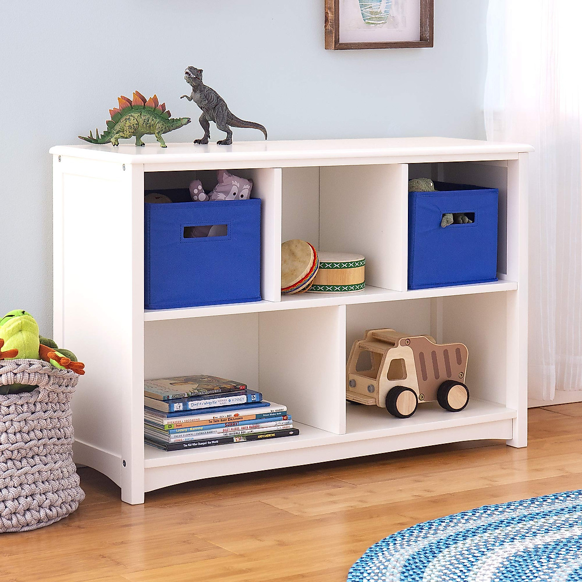 Guidecraft Classic White Bookshelf: Children's 5 Compartment Toy, Bin, Art, Clothes and Book Storage - Wooden Playroom and Bedroom Furniture For Kids