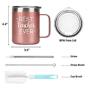 Qtencas Teacher Gifts, Best Teacher Ever Coffee Mug, Thank You Appreciation Gifts for Teachers Women on Birthday Christmas, 12 Oz Stainless Steel Travel Mug, Rose Gold