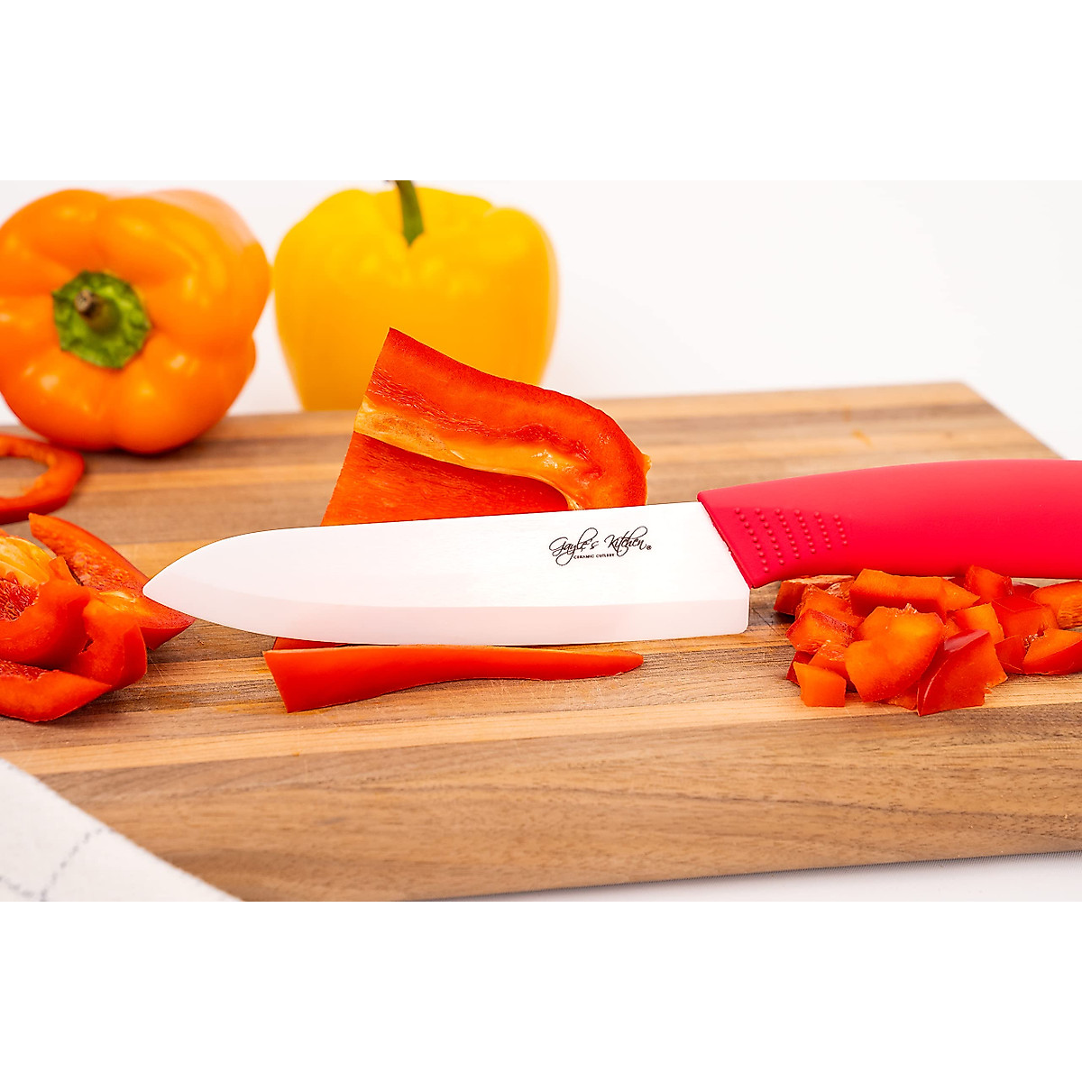 Serrated Pink Ceramic Knife Set with 5" Serrated Knife, Kitchen Knife Set - Includes 3”, 4”, 5”, 6” Ceramic Knives, Matching Sheaths and a Matching Vegetable Peeler in a black Gift Box