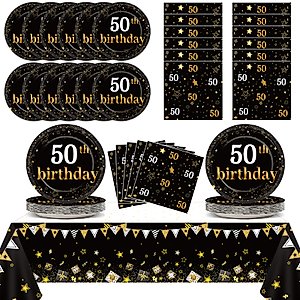 50th Birthday Party Supplies Serves 24 Black and Gold 50 Years Old Party Paper Plates Napkins Cheers to 50 Years Tablecloth Set Tableware Kit for Man Retirement Graduation