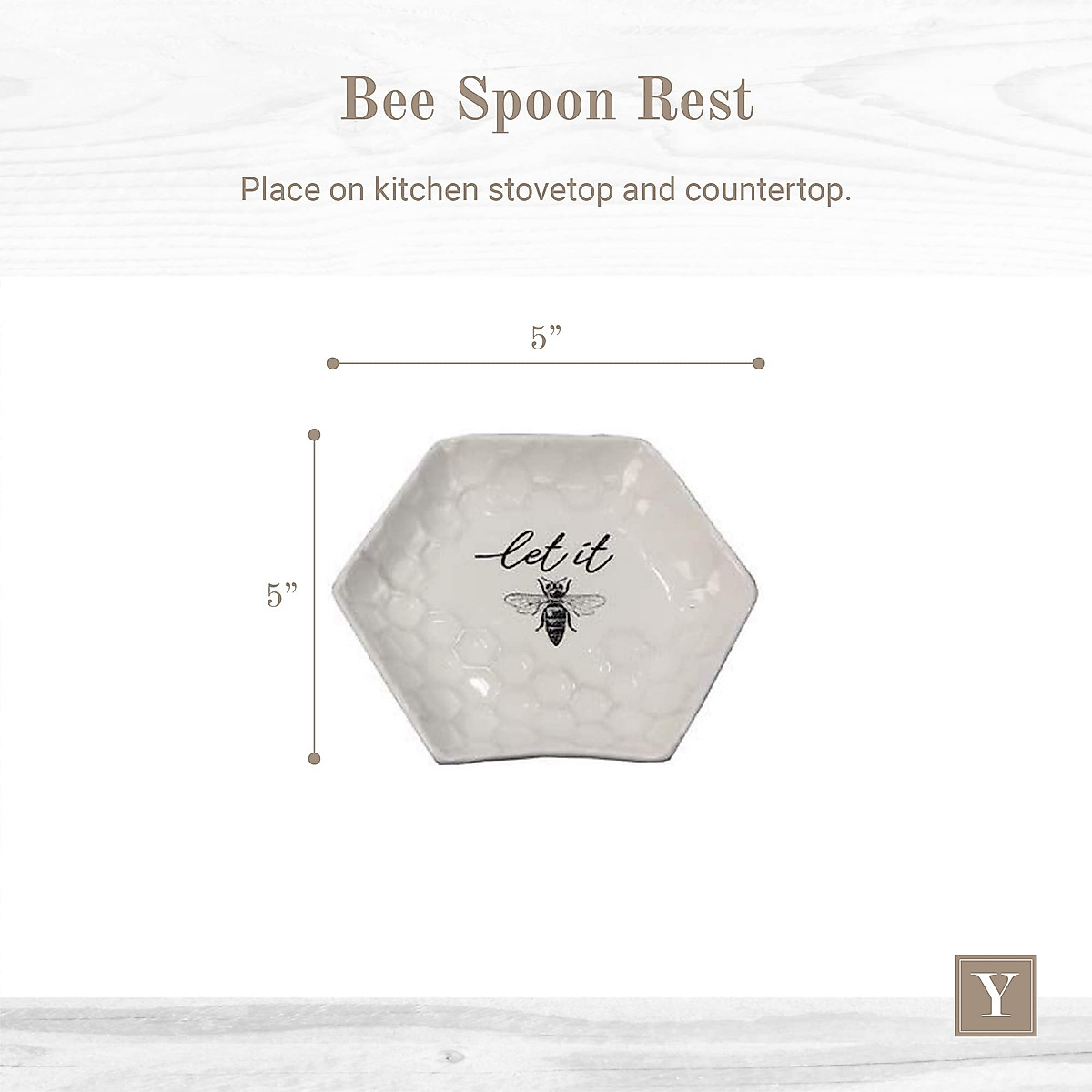 Young's Inc. Spoon Rest for Stove Top and Kitchen Counter - Ceramic Spoon Holder - Durable and Easy-to-Clean - Can Hold Ladles, Spatulas, Tea Bags, and More - Stylish Honey Bee Design - 5" x 5" x 1"