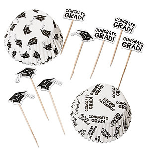 Fun Express Assorted Graduation Baking Cups with Cupcake Toppers - 3.5", (Set of 100) - Perfect for Memorable Graduation Parties, and Easy to Use