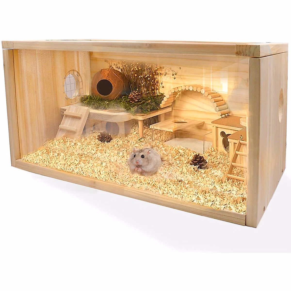 Rubor Wooden Hamster Cage Mice and Rat Habitat Small Animal Habitat for Rabbits, Guinea Pigs, Chinchillas with Openable Top and Large Acrylic Sheets