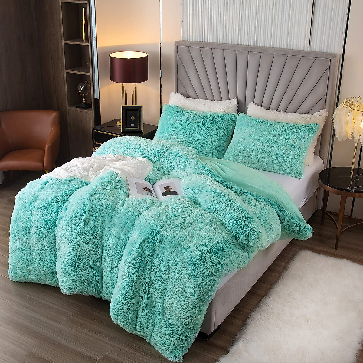 EMME Plush Shaggy Duvet Cover Set Twin Size Fluffy Fuzzy Comforter Cover Set for Twin Bed 2 Pieces Luxury Soft Bedding Duvet Covers (Aqua, Twin)
