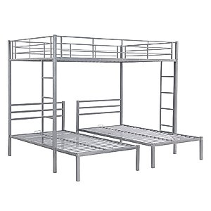 Oudiec Triple Bunk Bed,Full Over Twin&Twin Size Bunk Bed with Built-in Shelf&Ladders,L-Shaped Bunk Bed with Full-Length Guardrails, Space-Saving, Noise-Free, Silver