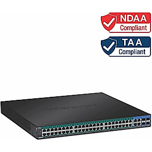 TRENDnet 52-Port Gigabit Web Smart PoE+ Switch, 48 Gigabit PoE+ Ports, 4 Shared Gigabit Ports (RJ-45 Or SFP), 370W PoE Power Budget, 104Gbps Switching Capacity, Lifetime Protection, Black, TPE-5240WS