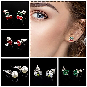 HOVEOX 20 Pairs Stud Earrings Stainless Steel Mixed Color Cute Animals Fruit Mushroom Cherry Pearl Fox Bear Butterfly Bee Owl Flower Star Heart Stud Earrings Set for Women