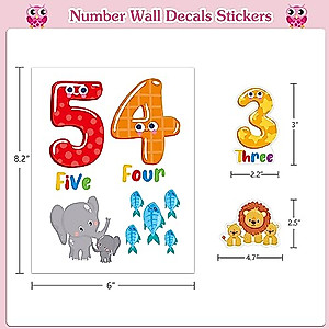 FLYAB Numbers Wall Stickers 5 Sheets Learning Educational Number Wall Decals Peel and Stick Animal Wall Decals Stickers for Kids Toddlers Classroom Playroom Daycare Nursery Bedroom Decorations