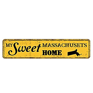 State Map Silhouette Tin Sign My Sweet Home Massachusets Metal Plaque Custom Road Signs Wall Door Plaque for Front Door Garden Yard Porch Man Cave Novelty Valentine's Day Gift 18x4in