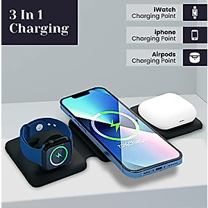 3MATIX 3 in 1 Wireless Charger, Fast Wireless Charging Pad, Travel Charger for Multiple Devices, Foldable 3 in 1 Wireless Charging Station Apple Compatible with iPhone 14/13/12, AirPods 3/2, iWatch