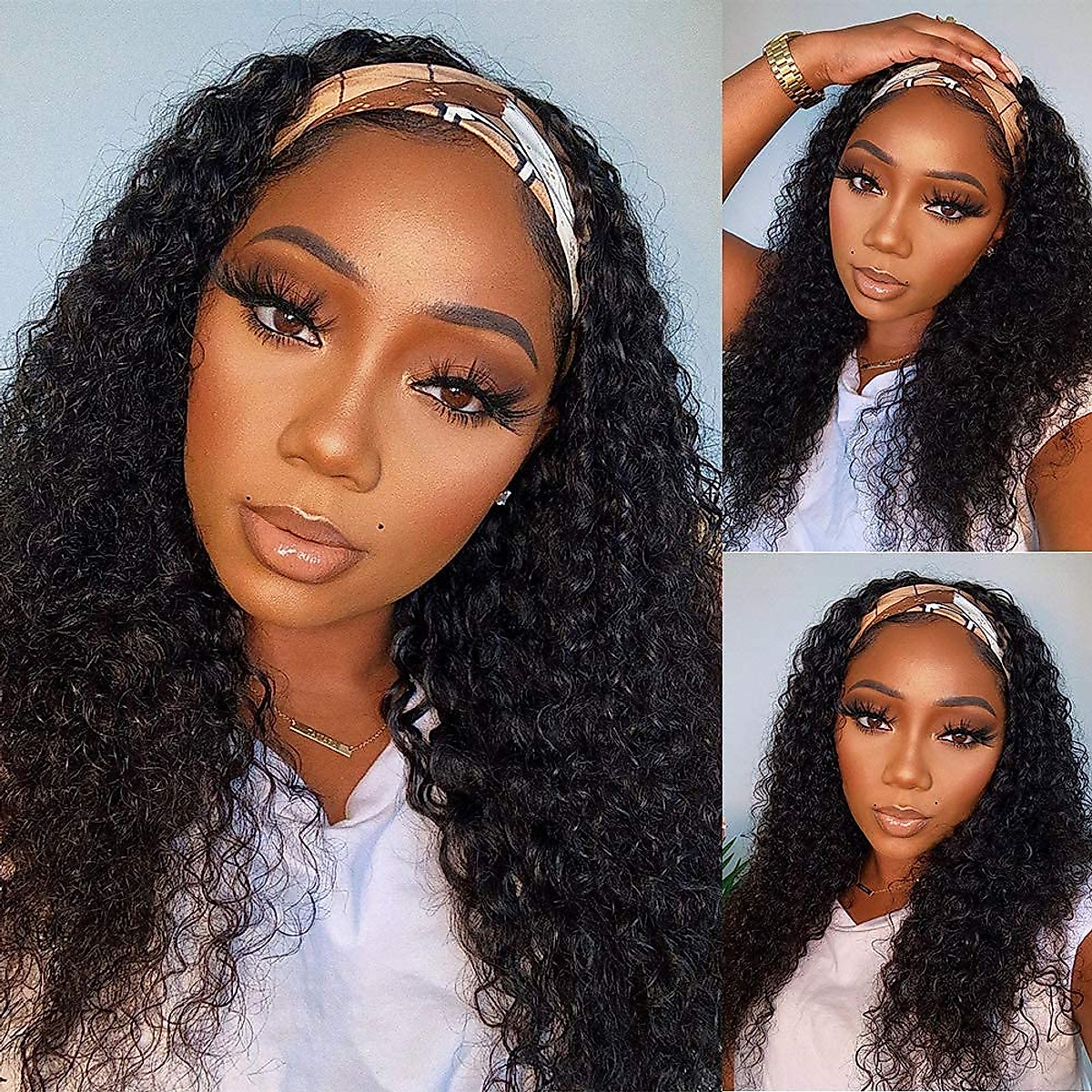 WENYAN Headband Wig Human Hair Deep Wave 16 Inch Wigs for Black Women Glueless None Lace Front Curly Wave Wig Brazilian Virgin Hair Wear and Go Wigs Machine Made 150% Density Wigs Natural Color
