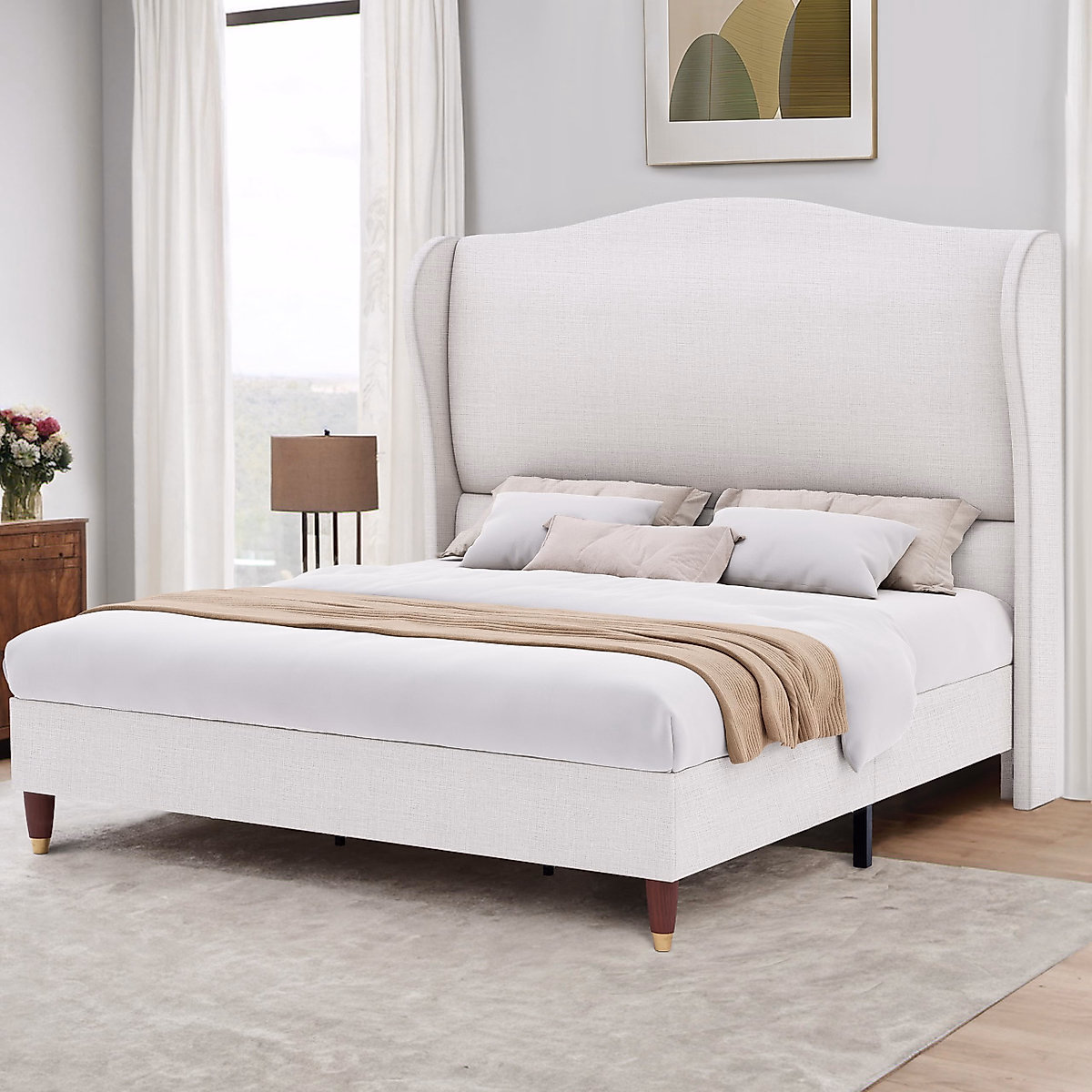 HALLYBEE 51.4" H King Size Bed Frame with Headboard Lined Fabric Upholstered Platform Bed Frame Wingback Design Chic and Elegant Bed Frame No Box Spring Needed, Mattress Foundation, White