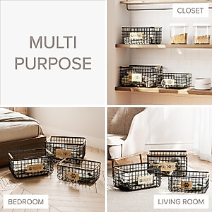 RGI Home Dog Toy Storage Baskets – Set of 3 Rectangular Metal Organizer Bins for Pet and Household Storage, Multi-Sized with Wood Accents, Durable and Rustic, Antique Gray Metal