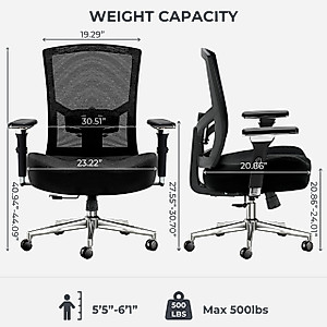 Big and Tall Office Chair 500lbs, Ergonomic Oversize Mesh Desk Chair, Heavy Duty High Back Computer Chair with Wide Thick Seat Cushion, Adjustable Lumbar Support, 4D Armrests