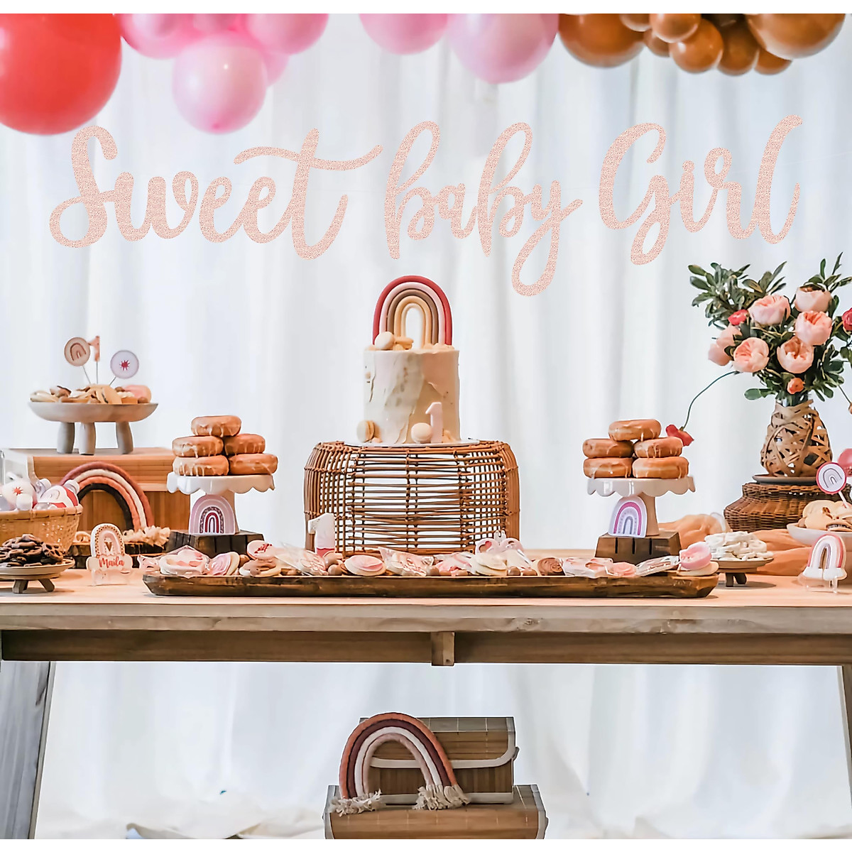 Pre-Strung Sweet Baby Girl Banner - Rose Gold Glitter Baby Shower Decorations for Girls, Perfect for Gender Reveal Party/First Birthday Party, Photo Booth Props