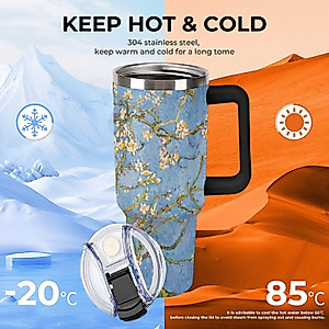 Niapessel Leak Proof Tumbler, Insulated Water Bottles with Straw, Blooming Almond Tree Van Gogh Insulated Cup with Handle 40 Oz Stainless Steel Flask for School, Travel, Car, Sports, Work