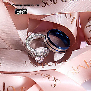 LOVERSRING Two Rings Wedding Ring Sets His and Hers Promise Ring Couples Bridal Sets Women 925 Sterling Silver Heart Cz Man Brushed Finished Tungsten Carbide Wedding Bands