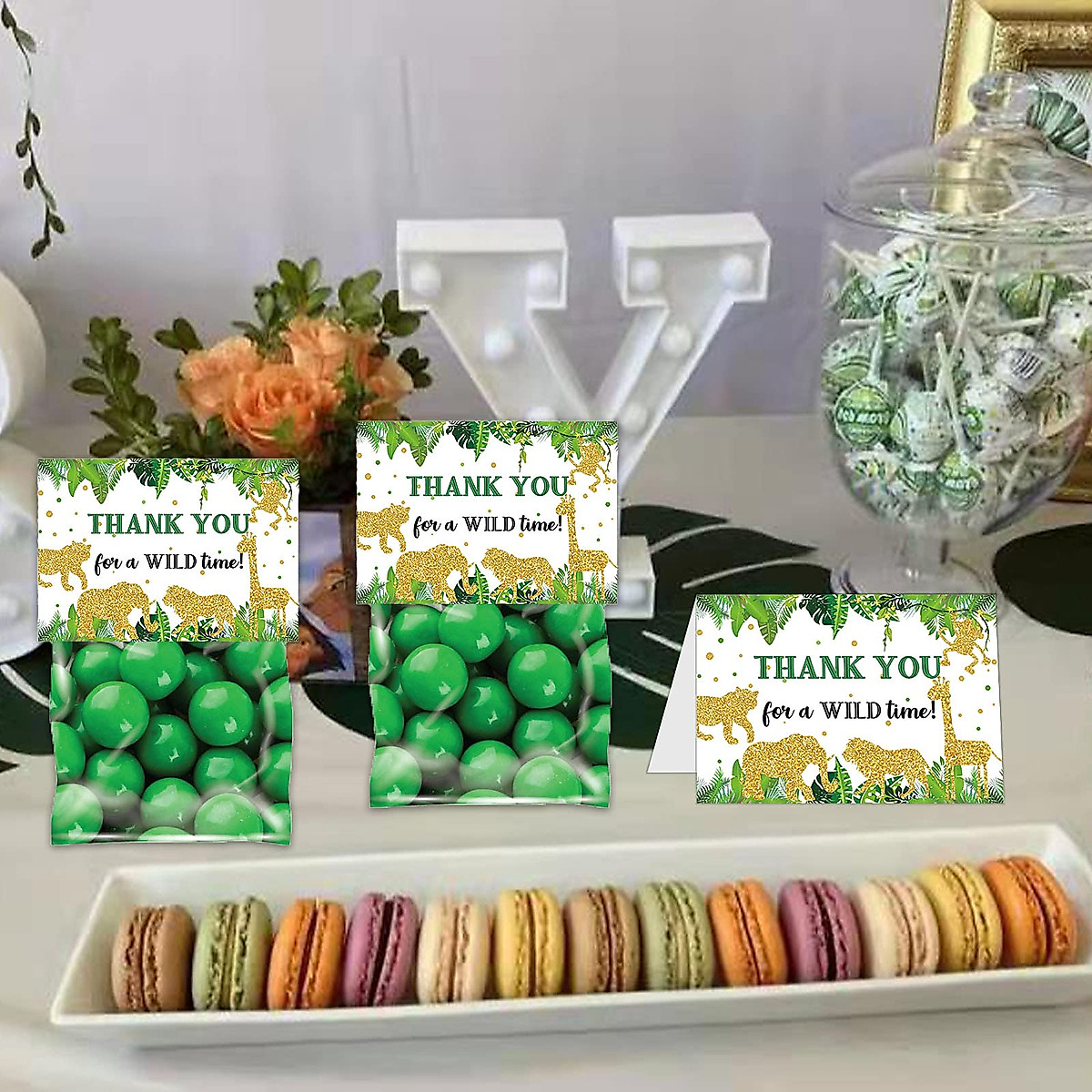 WalMor 30 Jungle Safari Thank You Card, Baby Shower Favor Bag Toppers, Wild Animals Place Tent Card, Jungle Safari Animal Dessert Table Decorations (3.9 x 5.5 Inch)