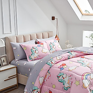UOZZI BEDDING Kids Girls Bed in a Bag 7 Pieces Queen Size Unicorn Pink Comforter Set - (1 Soft Microfiber, Reversible Comforter, 2 Pillow Shams, 1 Flat Sheet, 1 Fitted Sheet, 2 Pillowcases)