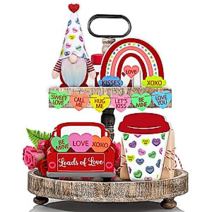 10 Pcs Valentine Tiered Tray Decor Set, Valentine Conversation Heart Decor Wooden Signs, Cute Valentine Gnome Plush, Mini Candy Heart Garland, Farmhouse Valentines Day Decor Be Mine Love XOXO Sign
