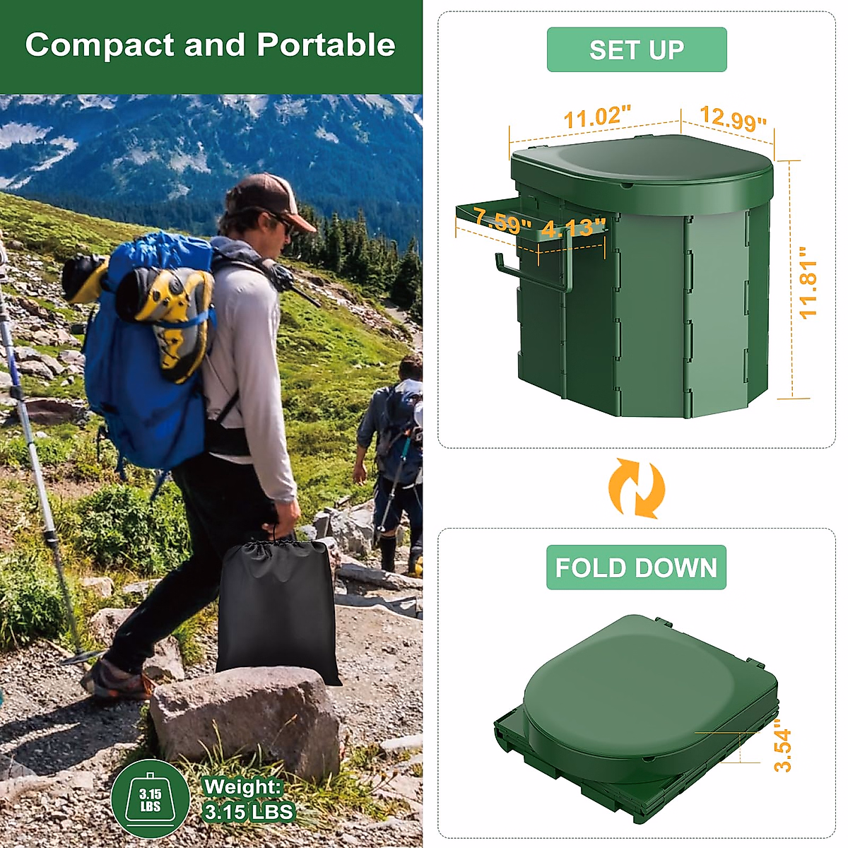 PAHTTO Portable Camping Toilet, Foldable Toilet for Adults with Detachable Phone Shelf and Toilet Paper Holder, Waterproof Porta Potty with Lid for Camping, Hiking, RV Travel, Road Trips, Car, Green