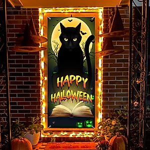 Halloween Black Cat Door Banner, Scary Cat Halloween Door Cover Halloween Door Decorations Trick or Treat Halloween Party Banner for Front Door Porch Halloween Party Supplies Horror Decor Backdrop