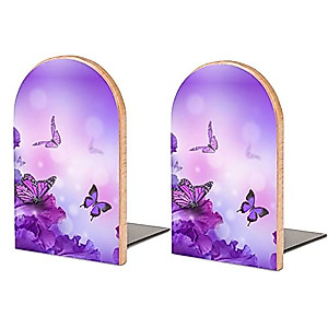 Hon-Lally Butterfly on Purple Flowers Pattern Wood Bookends Decorative Bookend Non-Skid Office Book Stand for Books Office Files Magazine