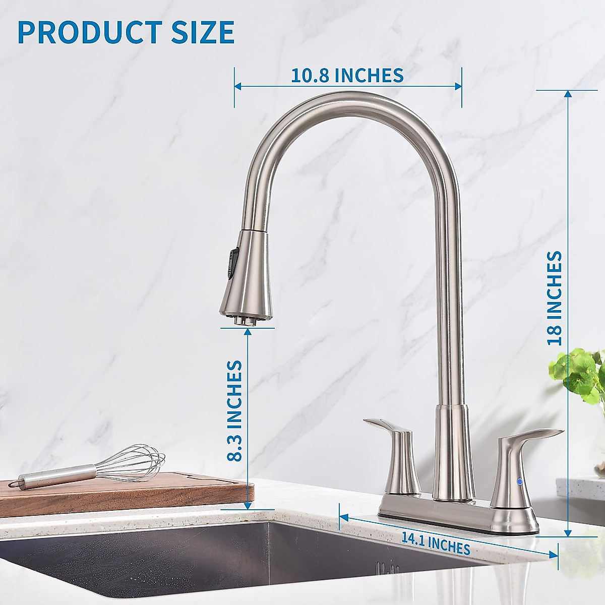 HOMELODY 2 Handles Kitchen Faucet with Pull Down Sprayer for 3 Hole Sink, 8 inch 360° Rotating Spout Centerset Kitchen Sink Faucet with Water Lines Brushed Nickel