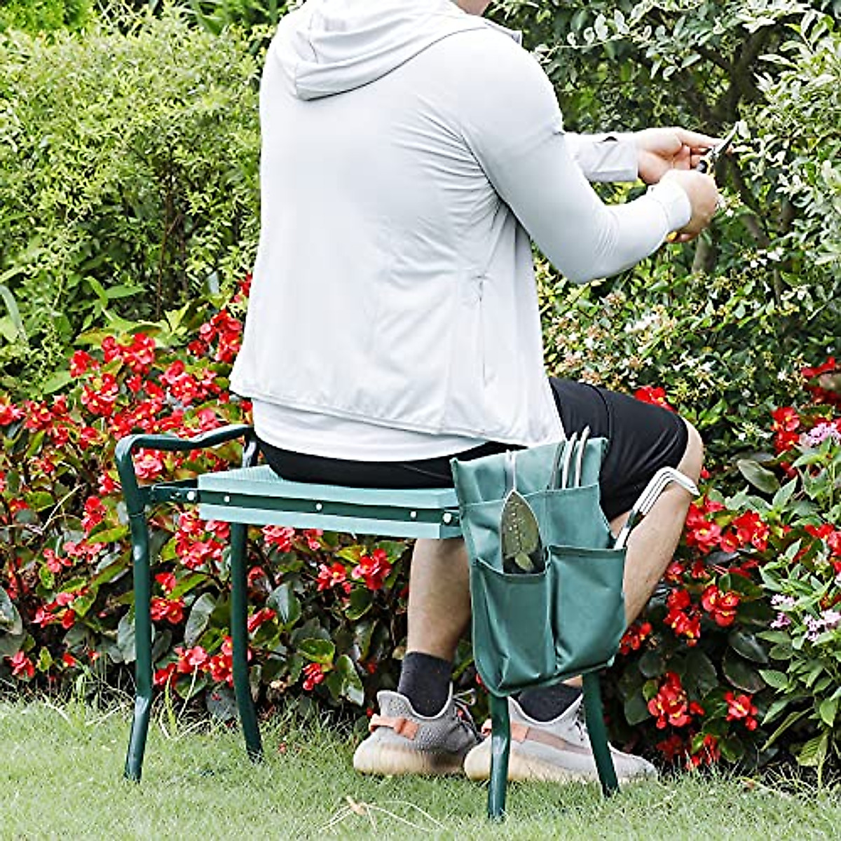 LEMY Garden Kneeler Seat Multiuse Portable Garden Bench Garden Stools Foldable Stool with Tool Bag Pouch EVA Foam Pad