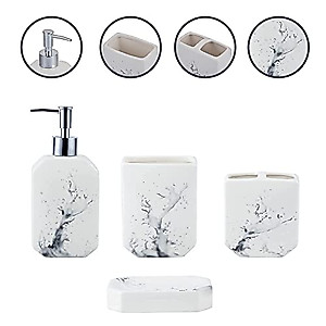 BASDHE Bathroom Accessories Set 5 Pcs - Lotion Soap Dispenser,Toothbrush Holder,Rinsing Cup, Soap Dish,Rectangular Trash Can Storage Bin, House Decor (Grey)