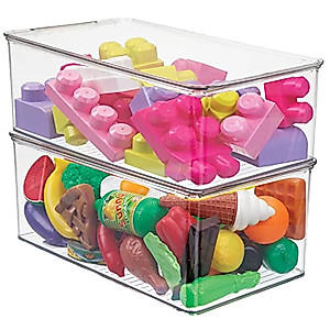 mDesign Plastic Stackable Toy Storage Bin Container Box with Hinge Lid for Organizing Living Room, Play Room, Bedroom, Nursery, Hold Blocks, Puzzles, Books, Lumiere Collection, 2 Pack - Clear