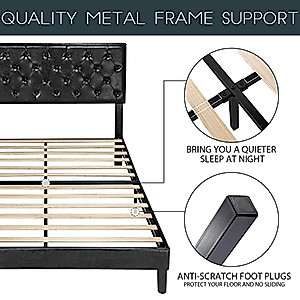 Einfach Queen Platform Bed Frame with Adjustable Faux Leather Diamond Stitched Button Tufted Headboard, Sturdy Wooden Support and No Box Spring Needed, Black