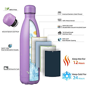 Konokyo Insulated Water Bottles,25 oz Double Wall Stainless Steel Vacumm Metal Flask for Sports Travel,Lavender