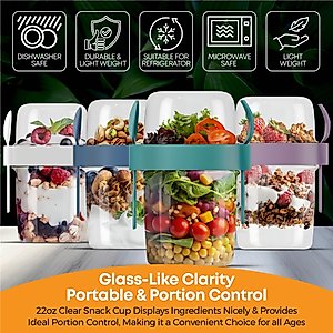 QUASLEQ 4-Pack Yogurt Parfait Cups - with Lids and Spoons - Reusable Yogurt Containers for On-the-Go - Portable Yogurt Cups with Topping Storage - Ideal for Oatmeal and Breakfast Prep (22 oz-650 Ml)