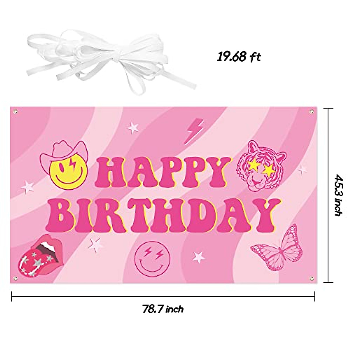 AellasNervalt Preppy Birthday Party Backdrop Hot Pink Smiling Face Lip Butterfly Banner Extra Large Y2k Happy Birthday Background Banners Photo Booth Prop Decor Supplies for Girls Party 6.6 x 3.8 ft