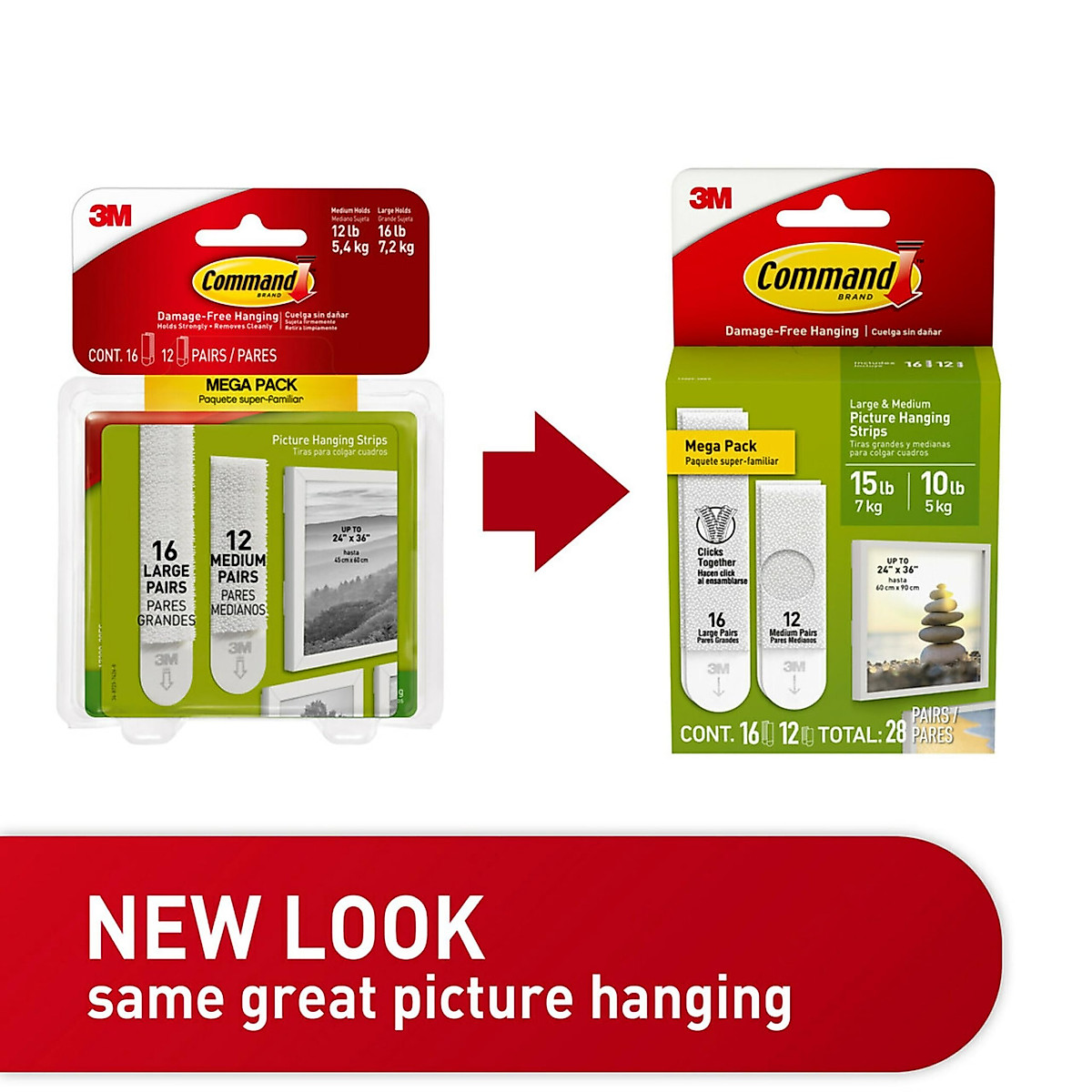 Command Medium and Large Picture Hanging Strips, Damage Free Hanging Picture Hangers, No Tools Wall Hanging Strips for Living Spaces, 12 Medium Pairs and 16 Large Pairs (Pack of 1)