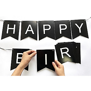 Black Happy Birthday Banner, Black Happy Birthday Bunting Banner with White Letters Birthday Party Decoration Supplies