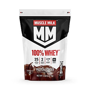 Muscle Milk 100% Whey Protein Powder, Chocolate, 5 Pound, 66 Servings, 25g Protein, 2g Sugar, Low in Fat, NSF Certified for Sport, Energizing Snack, Workout Recovery, Packaging May Vary