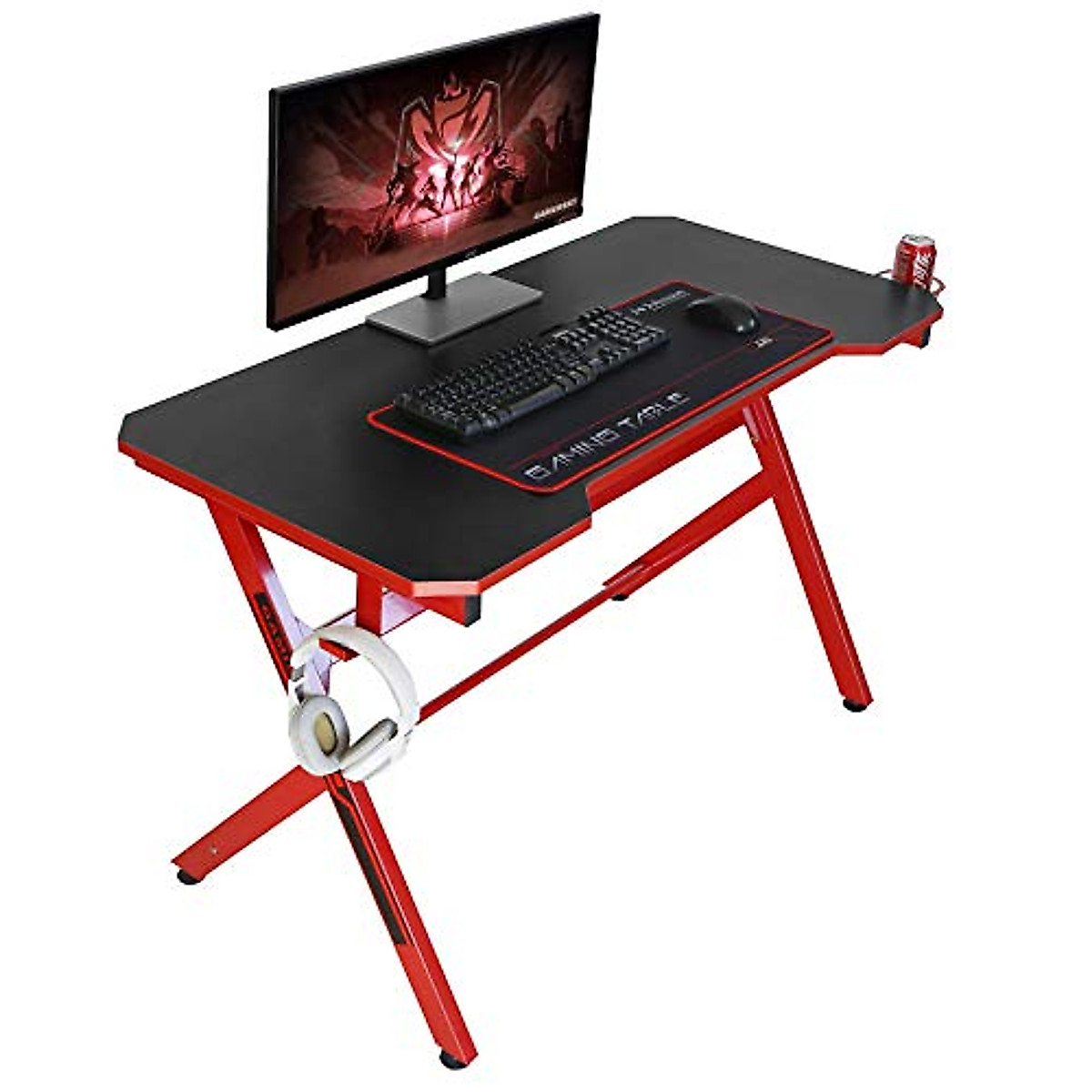JJS 48" Home Office Gaming Computer Desk, R Shaped Large Gamer Workstation PC Table with Cup Holder Headphone Hook Free Mouse pad, Black/Red