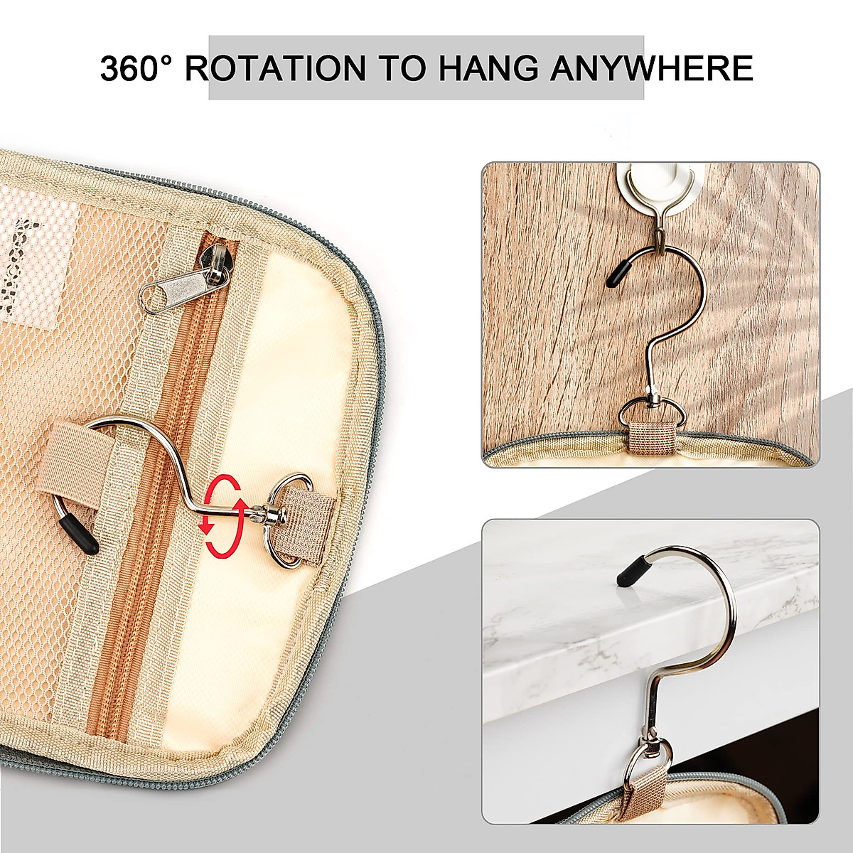 COOSKY Hanging Travel Toiletry Bag for Women and Men, 6 Organizer Compartments, Extra Large Toiletries Bag, Bathroom Cosmetic Bag, Water-resistant Makeup Bag, Holds Full-Size Shampoo, Grey