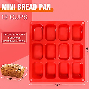 Walfos Silicone Mini Loaf pan, 12 Cavities Mini Bread Pan Brownie Pan, Food Grade & Non-stick, Ideal For Mini Bread, Brownie, Cornbread, Cheesecake & Chocolate