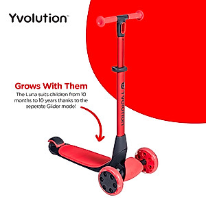 Yvolution Luna Ride On Scooter with Removable Storage Trunk & Seat, 3-in-1 Kick Scooter with LED Light-up Wheel Lights, Adjustable Height Push Bar for kids Age 10 Months to 10 Years(Red)