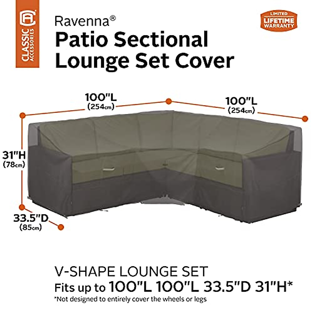 Classic Accessories Ravenna Water-Resistant 100 Inch Patio V-Shaped Sectional Lounge Set Cover, Patio Furniture Covers