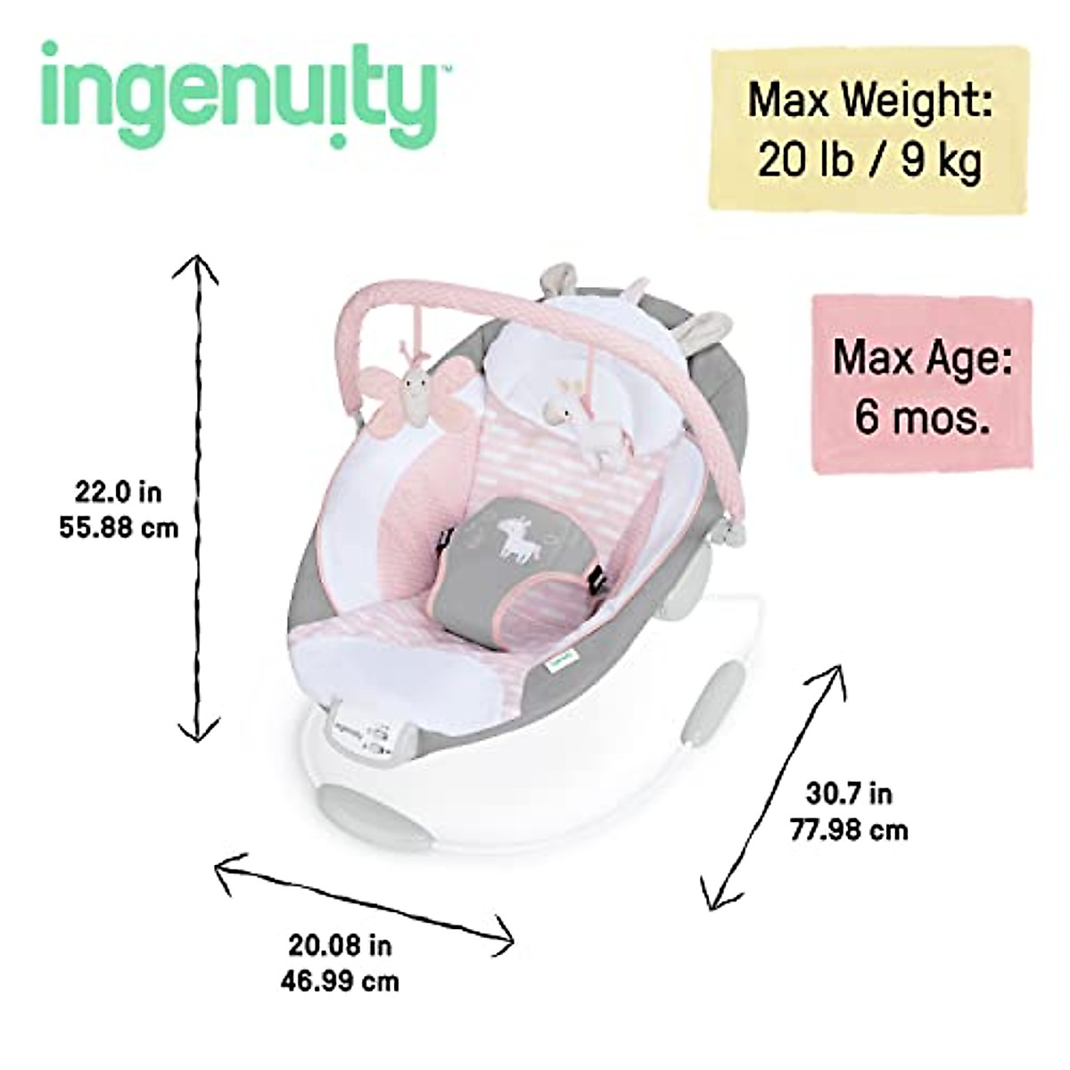 Ingenuity Soothing Baby Bouncer Infant Seat with Vibrations, -Toy Bar & Sounds, 0-6 Months Up to 20 lbs (Pink Flora the Unicorn)