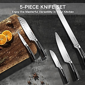 KUMIKO Kitchen Knife Set Black, Cooking Knife Set Professional, Ultra Sharp High Carbon Stainless Steel Knives (7Cr17MOV), 5 Piece Knife Set