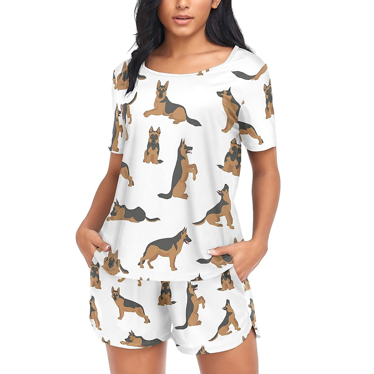 vvfelixl German Shepherd Pajamas Sleepwear For Women Short Sleeve Loungewear White Xl